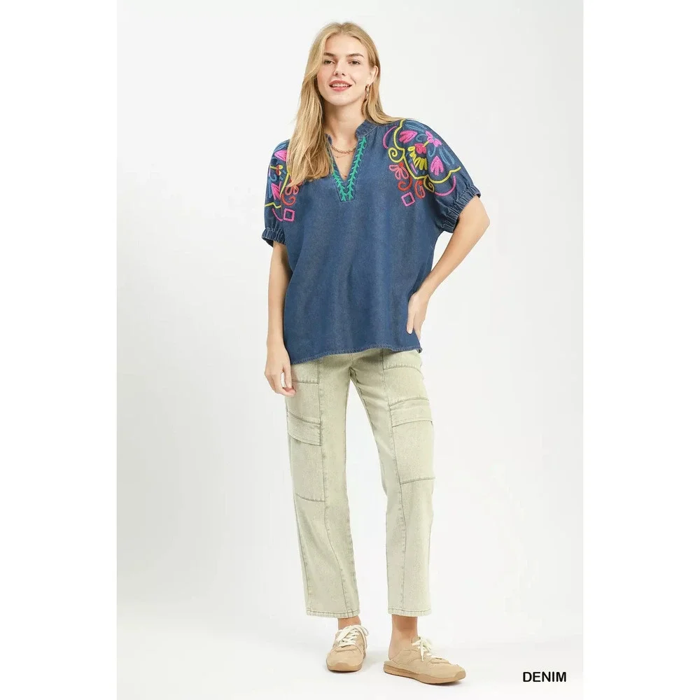 Umgee | Tops | Umgee Embroidered Denim Puff Sleeve Top | Poshmark
